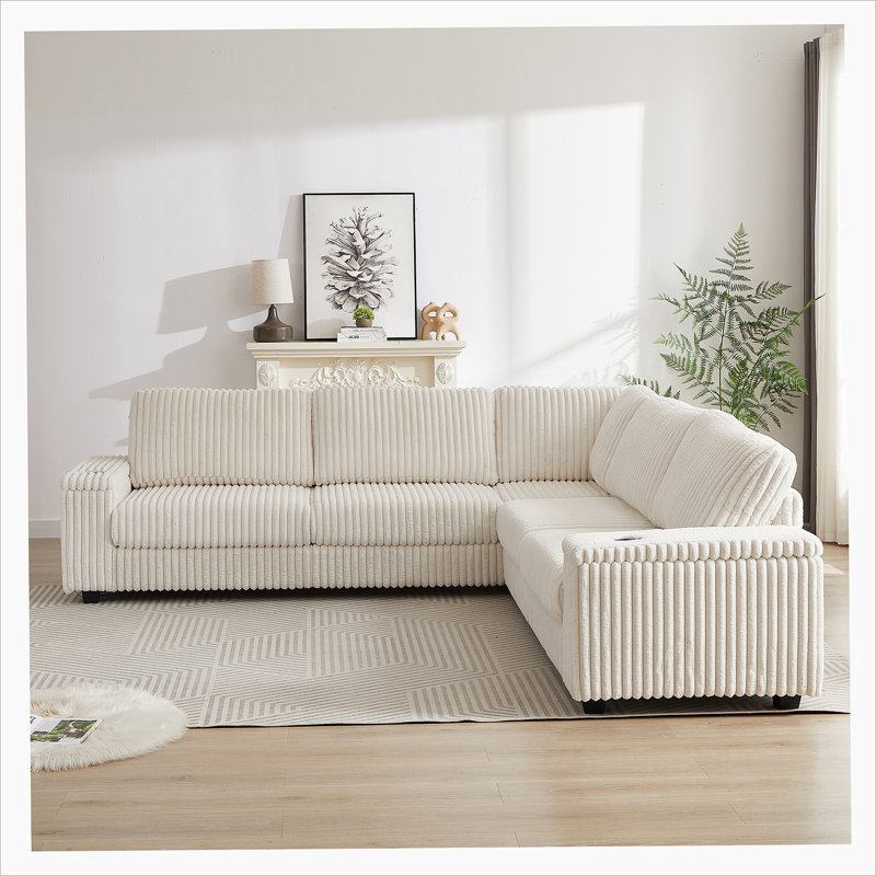 Latitude Run 110 Inch Oversized Corduroy Corner Sofa L Shaped Corner Couch with two storage spaces Body Fabric Beige